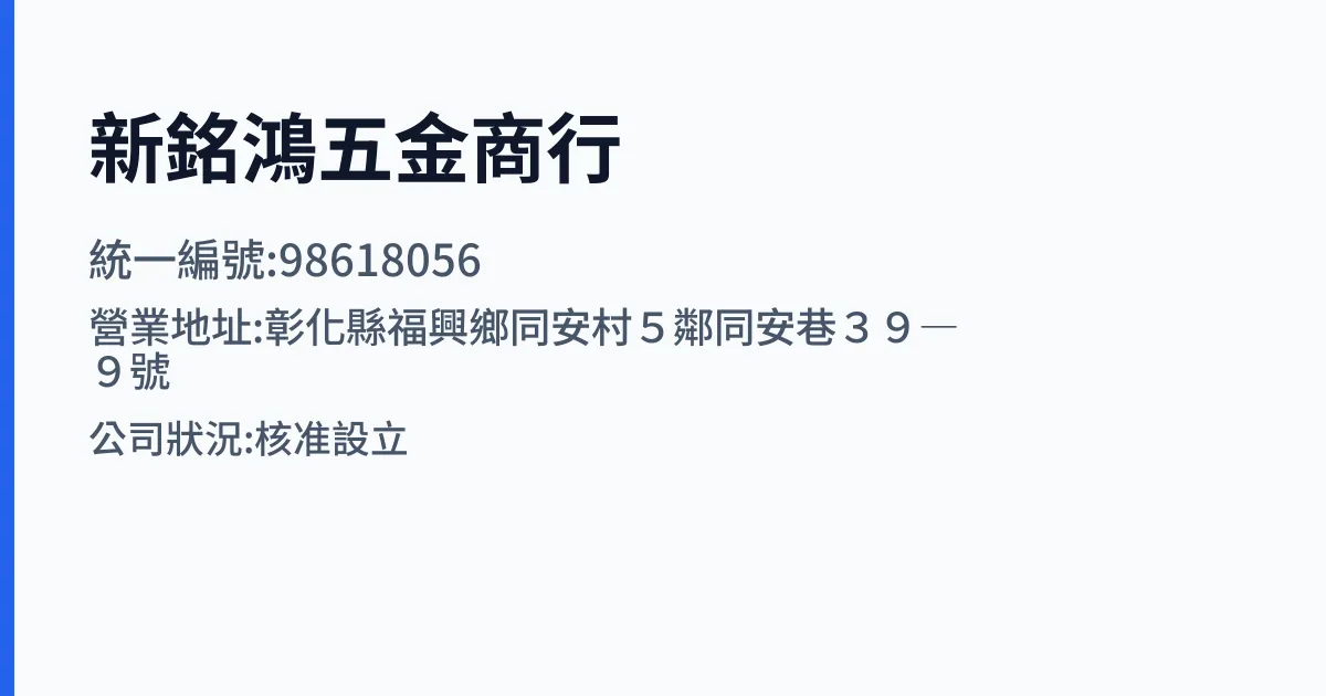 新銘鴻五金商行 - 統編 98618056(彰化縣) 公司登記資料與營業項目詳細圖表