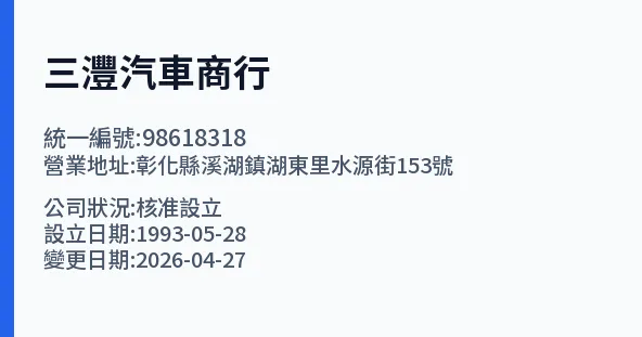三灃汽車商行的照片-統編 98618318(彰化縣) 公司登記資料與營業項目詳細圖表