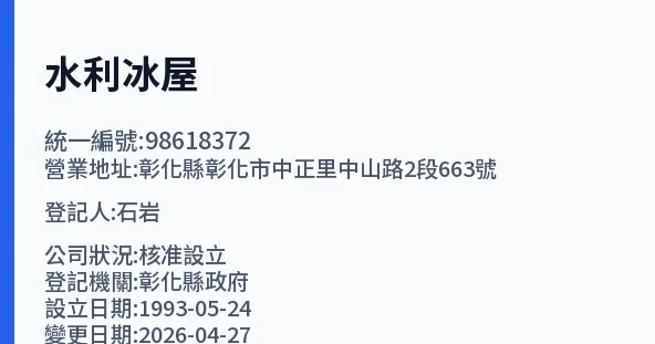 水利冰屋的照片-統編 98618372(彰化縣) 公司登記資料與營業項目詳細圖表