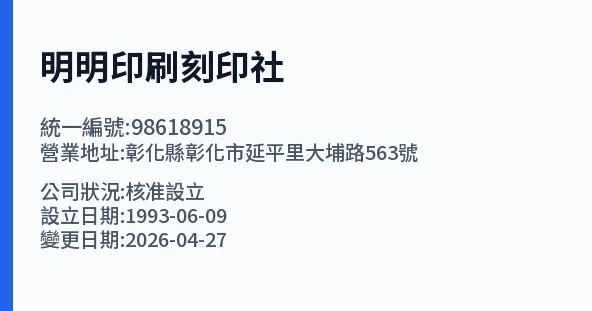 明明印刷刻印社的照片-統編 98618915(彰化縣) 公司登記資料與營業項目詳細圖表