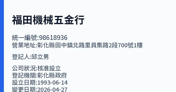 福田機械五金行的照片-統編 98618936(彰化縣) 公司登記資料與營業項目詳細圖表