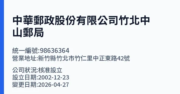 中華郵政股份有限公司竹北中山郵局的照片-統編 98636364(新竹縣) 公司登記資料與營業項目詳細圖表