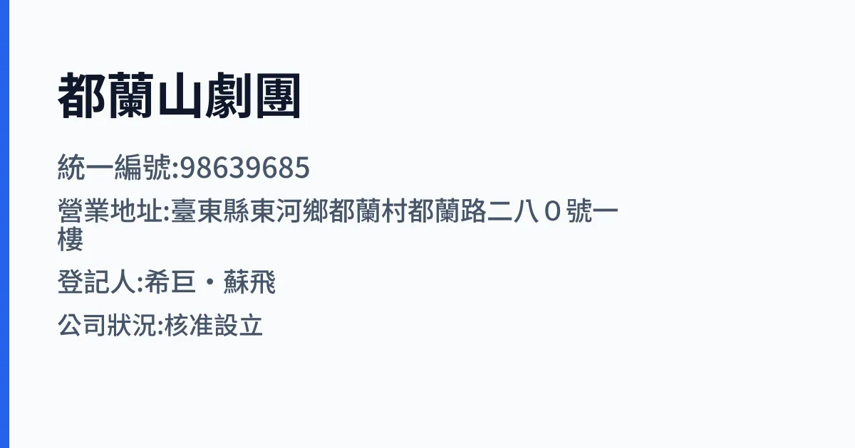 都蘭山劇團 - 統編 98639685(臺東縣) 公司登記資料與營業項目詳細圖表