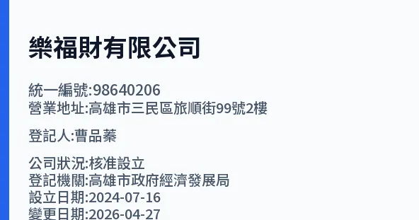 樂福財有限公司的照片-統編 98640206(高雄市) 公司登記資料與營業項目詳細圖表