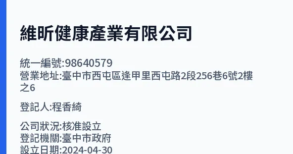維昕健康產業有限公司的照片-統編 98640579(臺中市) 公司登記資料與營業項目詳細圖表