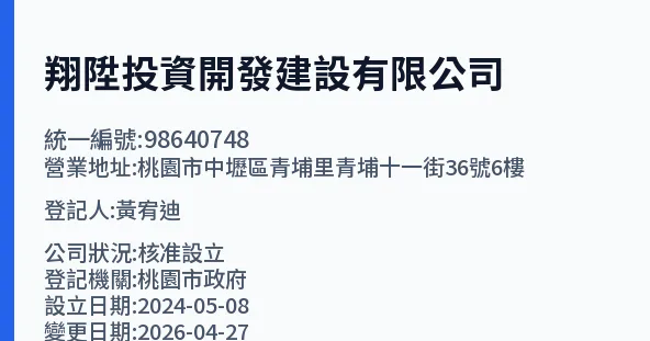 翔陞投資開發建設有限公司的照片-統編 98640748(桃園市) 公司登記資料與營業項目詳細圖表