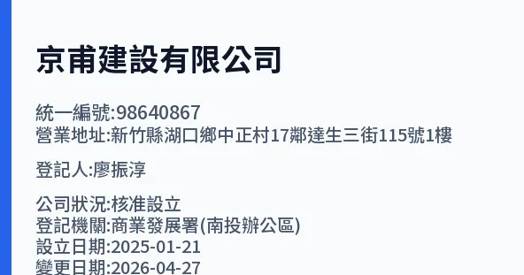 京甫建設有限公司的照片-統編 98640867(新竹縣) 公司登記資料與營業項目詳細圖表