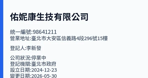 佑妮康生技有限公司的照片-統編 98641211(臺北市) 公司登記資料與營業項目詳細圖表