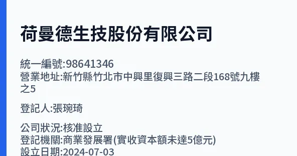 荷曼德生技股份有限公司的照片-統編 98641346(新竹縣) 公司登記資料與營業項目詳細圖表