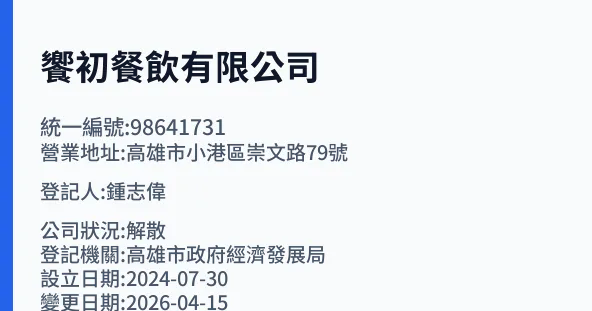 饗初餐飲有限公司的照片-統編 98641731(高雄市) 公司登記資料與營業項目詳細圖表