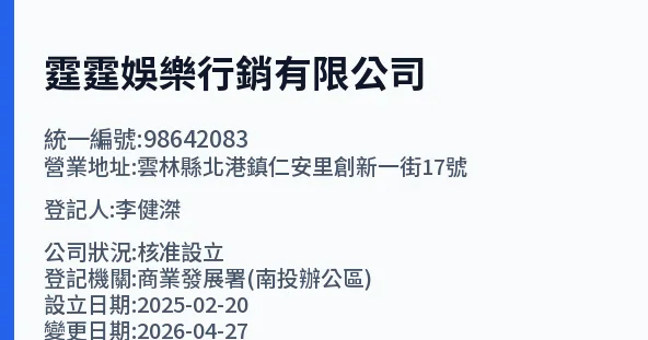 霆霆娛樂行銷有限公司的照片-統編 98642083(雲林縣) 公司登記資料與營業項目詳細圖表