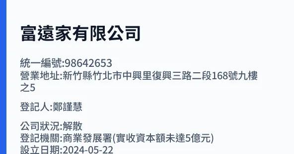 富遠家有限公司的照片-統編 98642653(新竹縣) 公司登記資料與營業項目詳細圖表