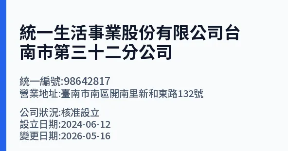 統一生活事業股份有限公司台南市第三十二分公司的照片-統編 98642817(臺南市) 公司登記資料與營業項目詳細圖表