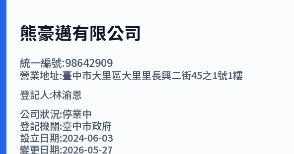 熊豪邁有限公司的照片-統編 98642909(臺中市) 公司登記資料與營業項目詳細圖表