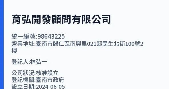 育弘開發顧問有限公司的照片-統編 98643225(臺南市) 公司登記資料與營業項目詳細圖表