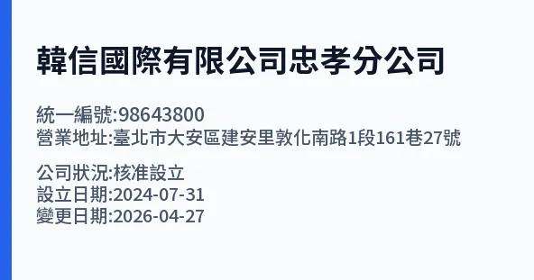 韓信國際有限公司忠孝分公司的照片-統編 98643800(臺北市) 公司登記資料與營業項目詳細圖表