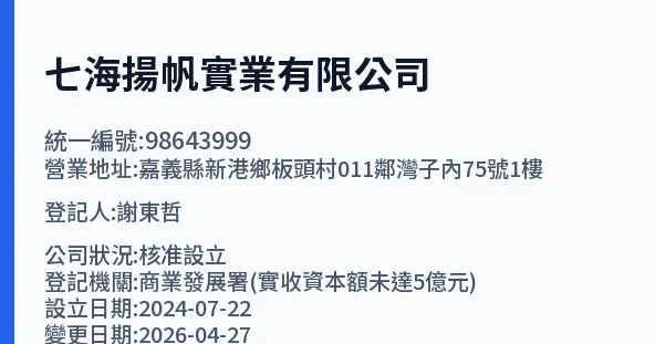 七海揚帆實業有限公司的照片-統編 98643999(嘉義縣) 公司登記資料與營業項目詳細圖表