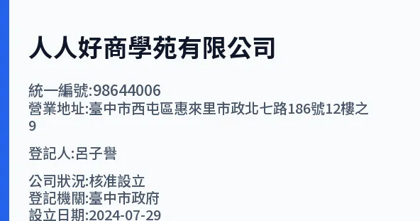 人人好商學苑有限公司的照片-統編 98644006(臺中市) 公司登記資料與營業項目詳細圖表