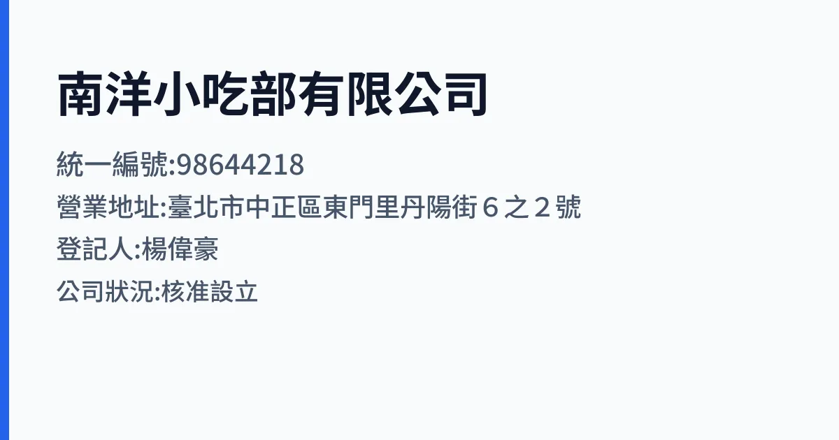 南洋小吃部有限公司 - 統編 98644218(臺北市) 公司登記資料與營業項目詳細圖表