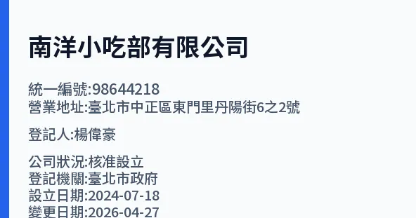 南洋小吃部有限公司的照片-統編 98644218(臺北市) 公司登記資料與營業項目詳細圖表