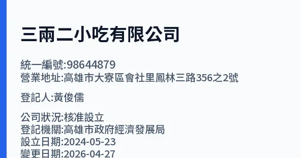 三兩二小吃有限公司的照片-統編 98644879(高雄市) 公司登記資料與營業項目詳細圖表