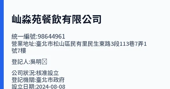 屾淼苑餐飲有限公司的照片-統編 98644961(臺北市) 公司登記資料與營業項目詳細圖表