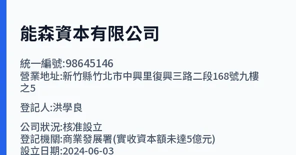 能森資本有限公司的照片-統編 98645146(新竹縣) 公司登記資料與營業項目詳細圖表