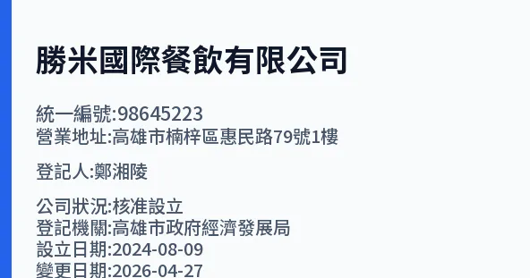 勝米國際餐飲有限公司的照片-統編 98645223(高雄市) 公司登記資料與營業項目詳細圖表