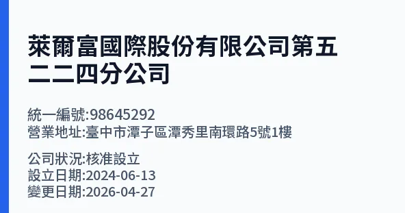 萊爾富國際股份有限公司第五二二四分公司的照片-統編 98645292(臺中市) 公司登記資料與營業項目詳細圖表