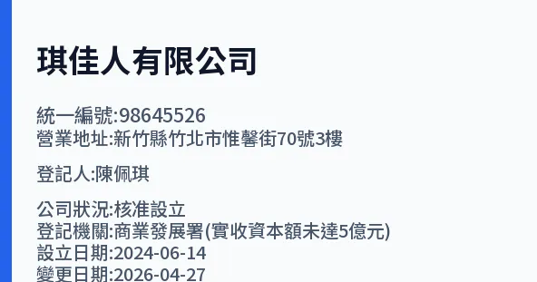 琪佳人有限公司的照片-統編 98645526(新竹縣) 公司登記資料與營業項目詳細圖表