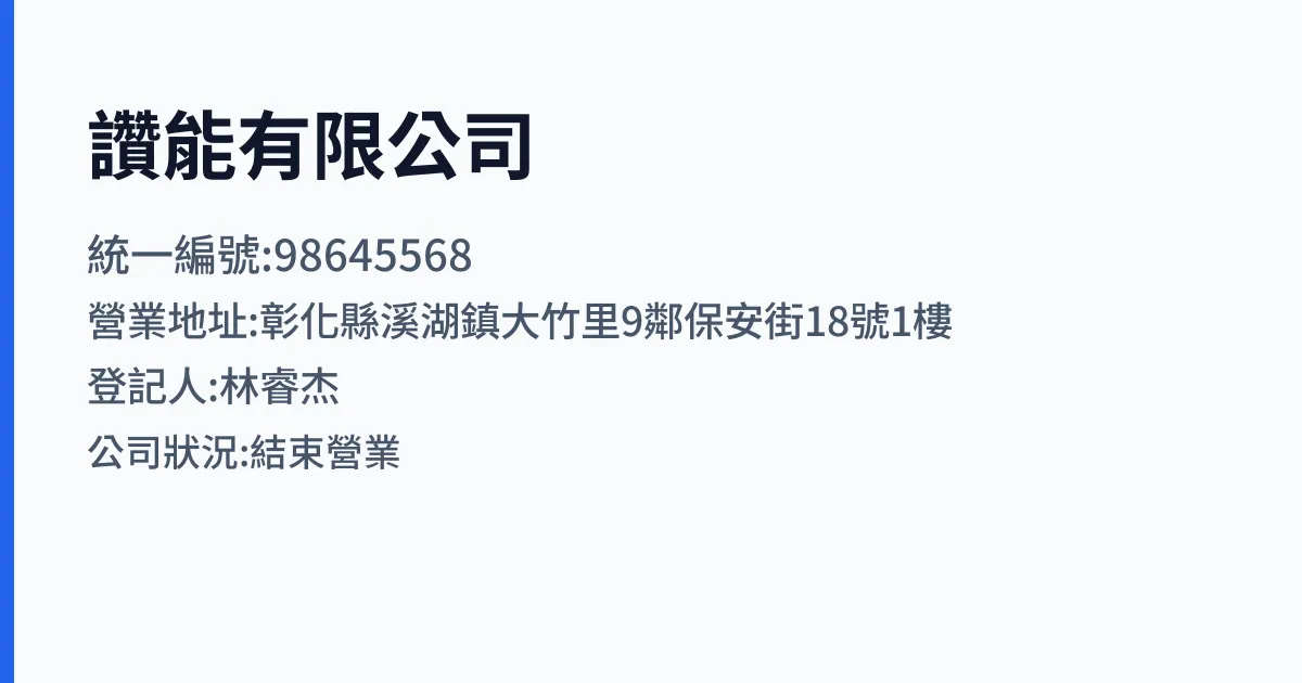 讚能有限公司 - 統編 98645568(彰化縣) 公司登記資料與營業項目詳細圖表