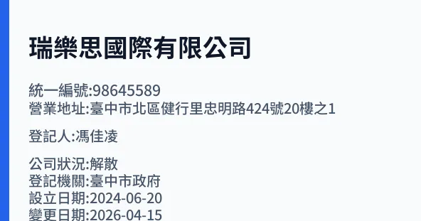 瑞樂思國際有限公司的照片-統編 98645589(臺中市) 公司登記資料與營業項目詳細圖表