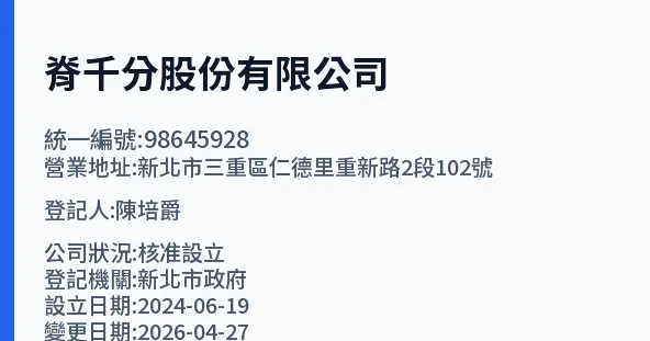 脊千分股份有限公司的照片-統編 98645928(新北市) 公司登記資料與營業項目詳細圖表