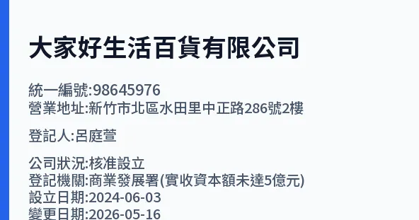 大家好生活百貨有限公司的照片-統編 98645976(新竹市) 公司登記資料與營業項目詳細圖表