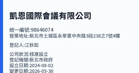 凱恩國際會議有限公司的照片-統編 98646074(新北市) 公司登記資料與營業項目詳細圖表