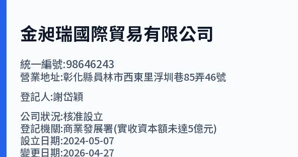 金昶瑞國際貿易有限公司的照片-統編 98646243(彰化縣) 公司登記資料與營業項目詳細圖表