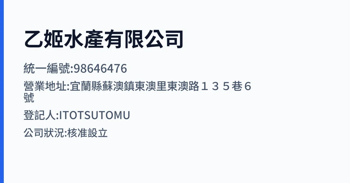乙姬水產有限公司 - 統編 98646476(宜蘭縣) 公司登記資料與營業項目詳細圖表