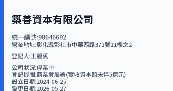 築善資本有限公司的照片-統編 98646692(彰化縣) 公司登記資料與營業項目詳細圖表