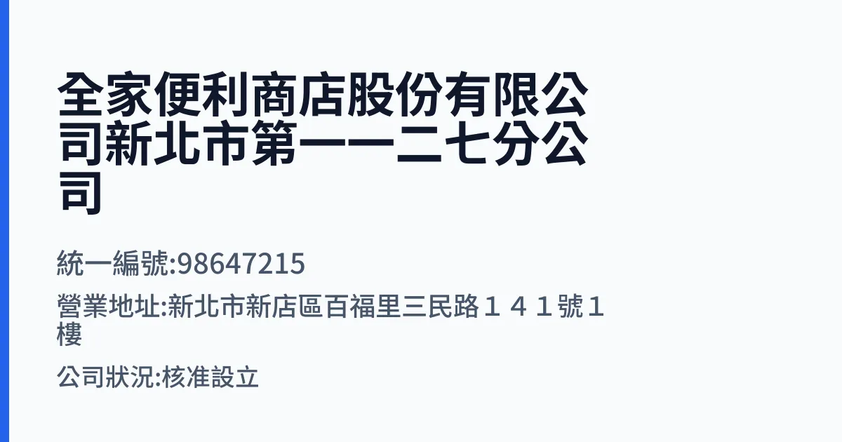 全家便利商店股份有限公司新北市第一一二七分公司 - 統編 98647215 (新北市) 公司登記資料與營業項目詳細圖表