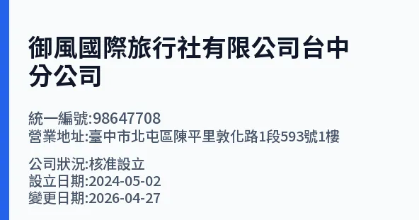 御風國際旅行社有限公司台中分公司的照片-統編 98647708(臺中市) 公司登記資料與營業項目詳細圖表