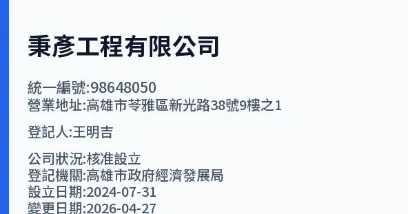 秉彥工程有限公司的照片-統編 98648050(高雄市) 公司登記資料與營業項目詳細圖表