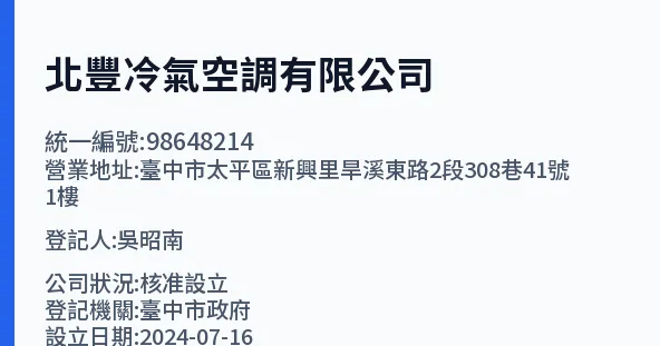 北豐冷氣空調有限公司的照片-統編 98648214(臺中市) 公司登記資料與營業項目詳細圖表