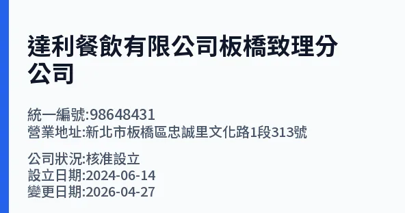 達利餐飲有限公司板橋致理分公司的照片-統編 98648431(新北市) 公司登記資料與營業項目詳細圖表