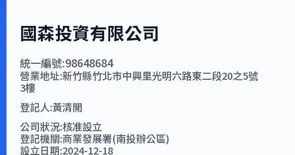國森投資有限公司的照片-統編 98648684(新竹縣) 公司登記資料與營業項目詳細圖表