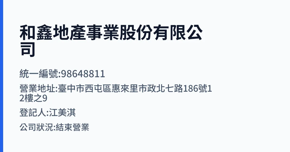 和鑫地產事業股份有限公司 - 統編 98648811(臺中市) 公司登記資料與營業項目詳細圖表