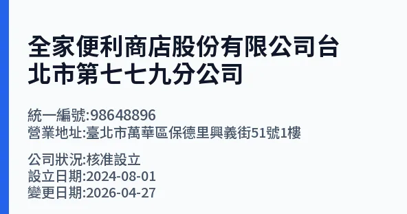 全家便利商店股份有限公司台北市第七七九分公司的照片-統編 98648896(臺北市) 公司登記資料與營業項目詳細圖表