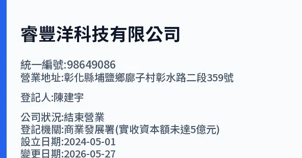 睿豐洋科技有限公司的照片-統編 98649086(彰化縣) 公司登記資料與營業項目詳細圖表