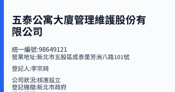 五泰公寓大廈管理維護股份有限公司的照片-統編 98649121(新北市) 公司登記資料與營業項目詳細圖表