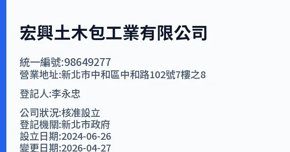 宏興土木包工業有限公司的照片-統編 98649277(新北市) 公司登記資料與營業項目詳細圖表