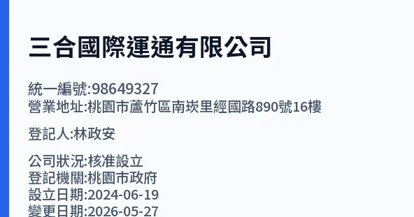 三合國際運通有限公司的照片-統編 98649327(桃園市) 公司登記資料與營業項目詳細圖表